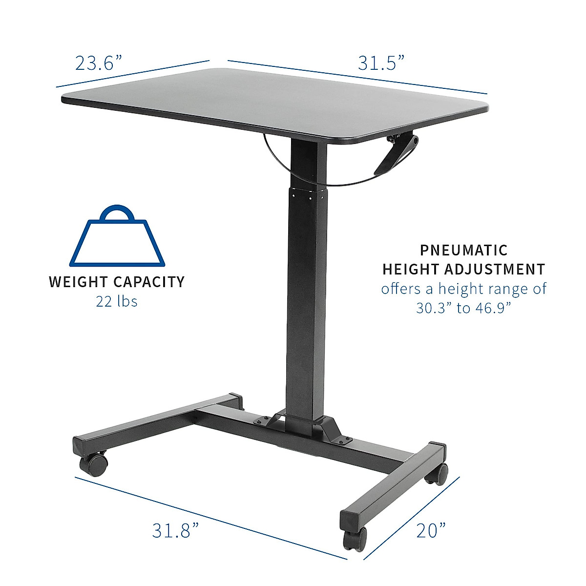 VIVO Mobile 32 inch Pneumatic Sit to Stand Laptop Desk, Rolling Presentation Cart, Height Adjustable Ergonomic Workstation with Locking Wheels, Black, CART-V07B