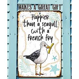 Seagull with French Fry - Great Lake House and Beach House Decor, Coastal Funny Wall Art, Bird Animal Nautical Prints and Gift Idea, 8x12 Indoor or Outdoor Durable Rustic Metal Sign