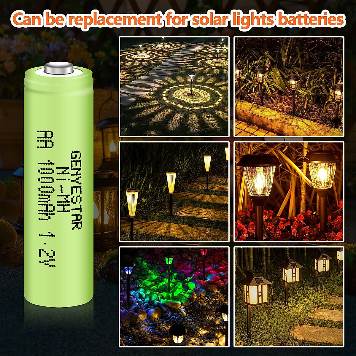 GENYESTAR Solar Lights AA Rechargeable Batteries 1000mah High Capacity 1.2V Ni-MH AA Battery for Outdoor Lights, String Lights, TV Remotes, Wireless Mouses, Flashlight, 8 Pack