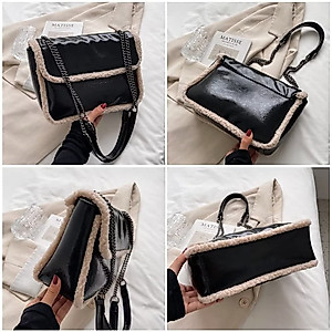 Mudono Shoulder Bag for Women Soft Glossy Crossbody Bag Square Purse Handbag with Faux Shearling Trim and Chain Strap