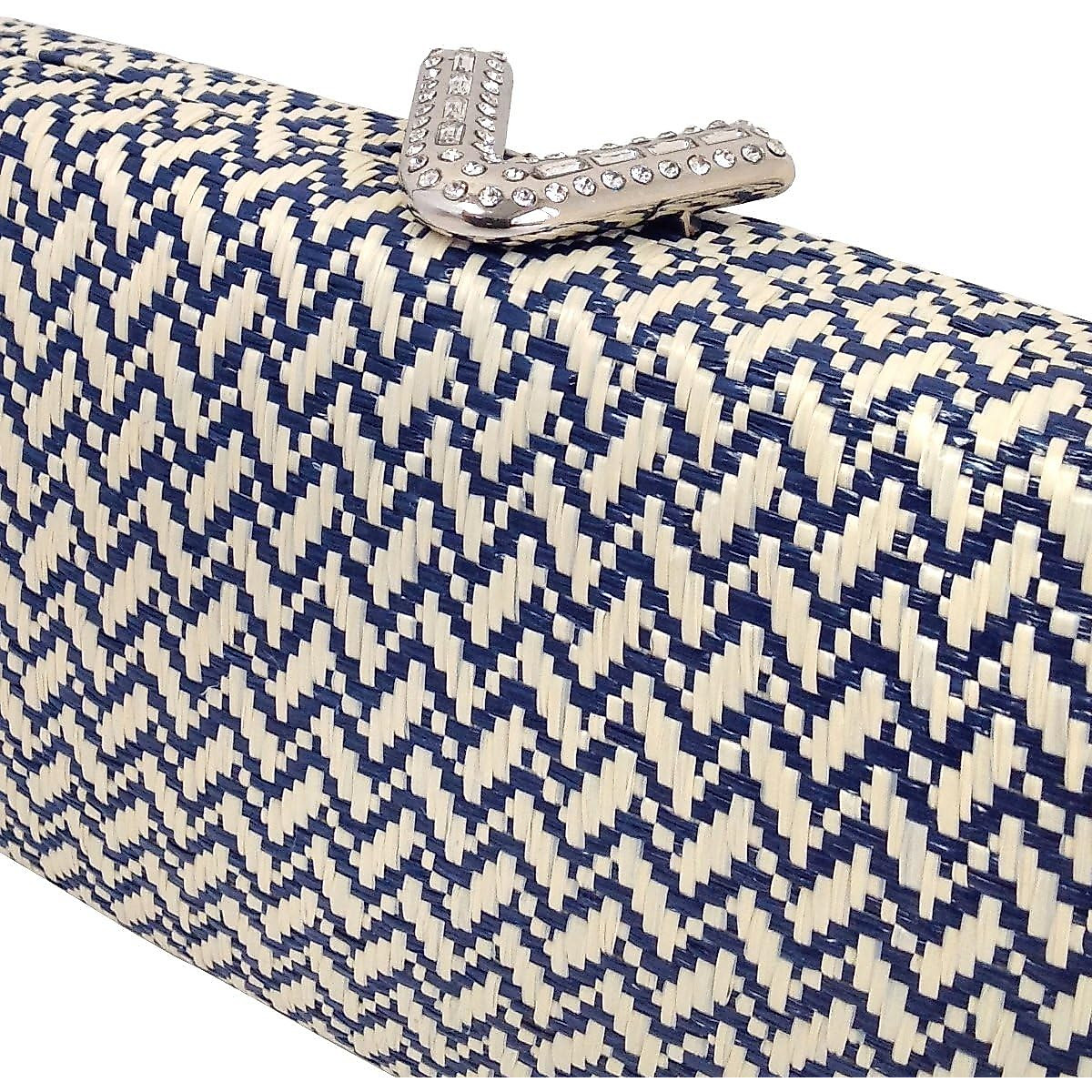 Chevron Raffia Straw Box Clutch with V Ornament