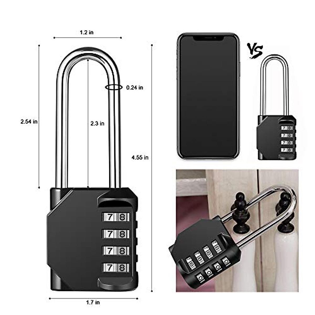 Disecu 2.5 Inch Long Shackle Combination Lock 4 Digit Outdoor Waterproof Padlock for School Locker, Gym Locker, Hasp Cabinet, Gate, Fence, Toolbox (Black, 2 Pack)