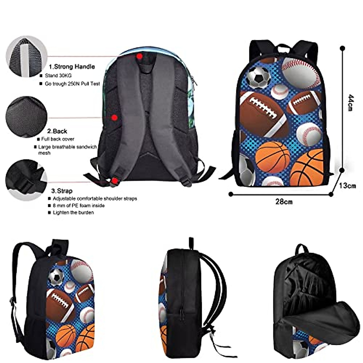 Rnyleeg Fire American Football Backpack 3 Piece Set School Bag Bookbag with Insulated Lunch Box And Pencil Case Set for Boys Girls,One Size