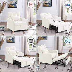 HANLIVES 3-in-1 Single Convertible Chair Bed,Sleeper Sofa Chair Bed with Pillow,Multi-Functional Sleeper Chair with Adjustable Backrest,pullout Sofa Bed with Velvet Fabric for Apartment(White)