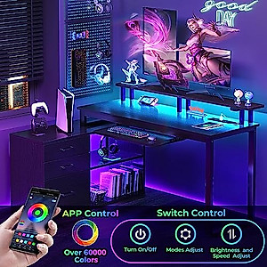 Rolanstar Computer Desk with File Drawer, 55.1" L Shaped Desk with Power Outlet & LED Lights, Home Office Desk with Monitor Stand & Keyboard Tray, Corner Study Writing Table with Storage, Black