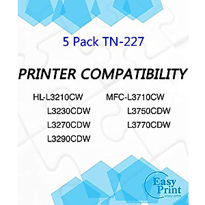 Compatible (5-Pack) TN-227 TN227 Toner Cartridge TN-227 Used for Brother HL-L3210CW L3270CDW MFC-L3710CW L3750CDW Printers (2X BK+C+M+Y), Sold by EasyPrint