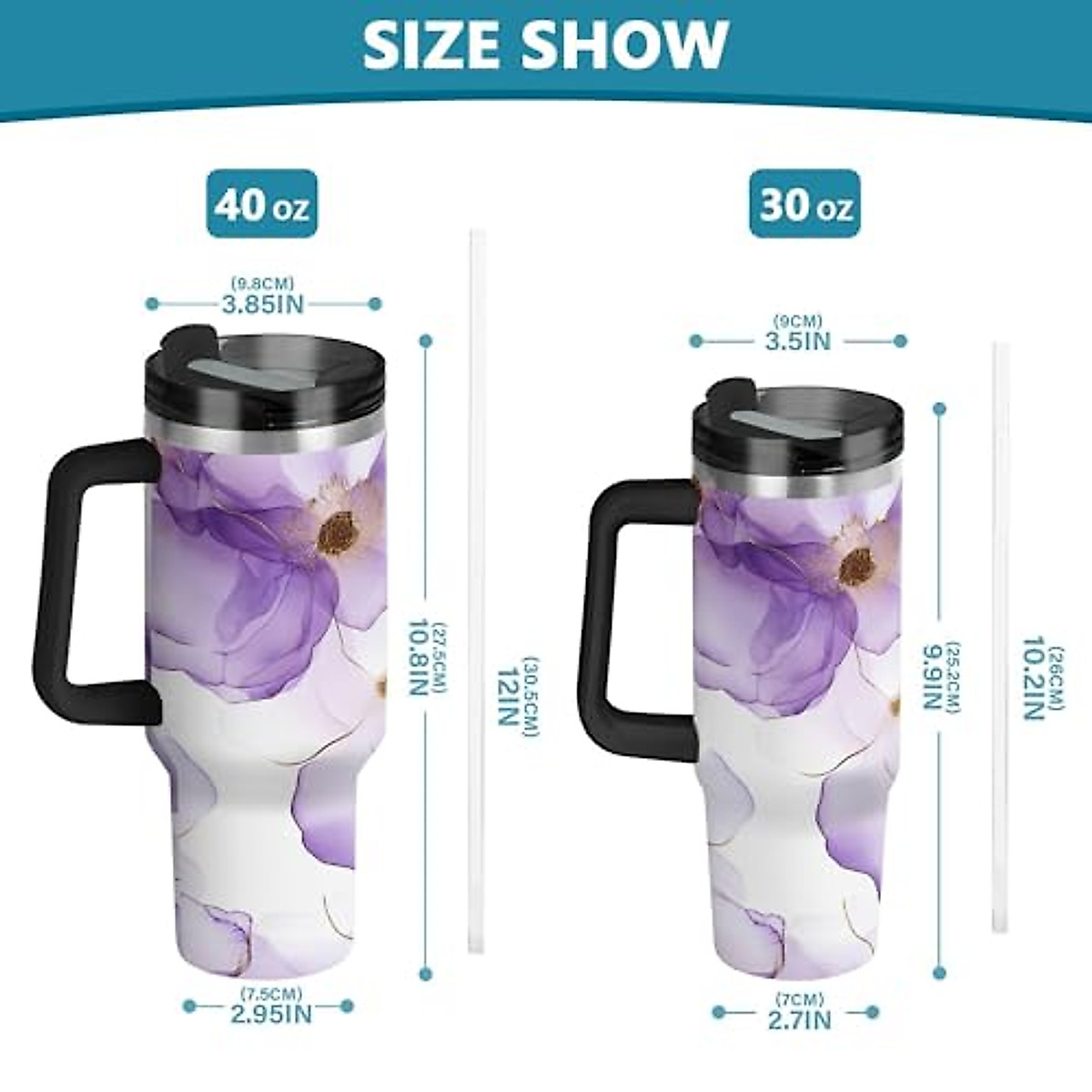 SEHANY Purple Marble 40 Oz Tumbler with Lid and Straw, Double Vacuum Stainless Steel Insulated Sports Water Bottle Cup Holder Friendly Leak-Proof Travel Coffee Cup for Iced Drink