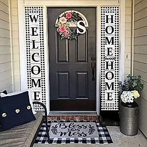 DUDOU Welcome Home Sweet Home Porch Sign Black White Buffalo Plaid Check Hanging Door Banner Farmhouse Outdoor Holiday Decoration