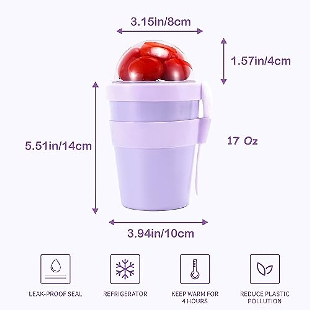 Wheelive Insulated Yogurt Container with Lid, Leak Proof Stainless Steel Parfait Cups with Lids and Reusable Plastic Spoon, 17oz Overnight Oats Containers with Lid On the Go, Dishwasher Freezer Safe