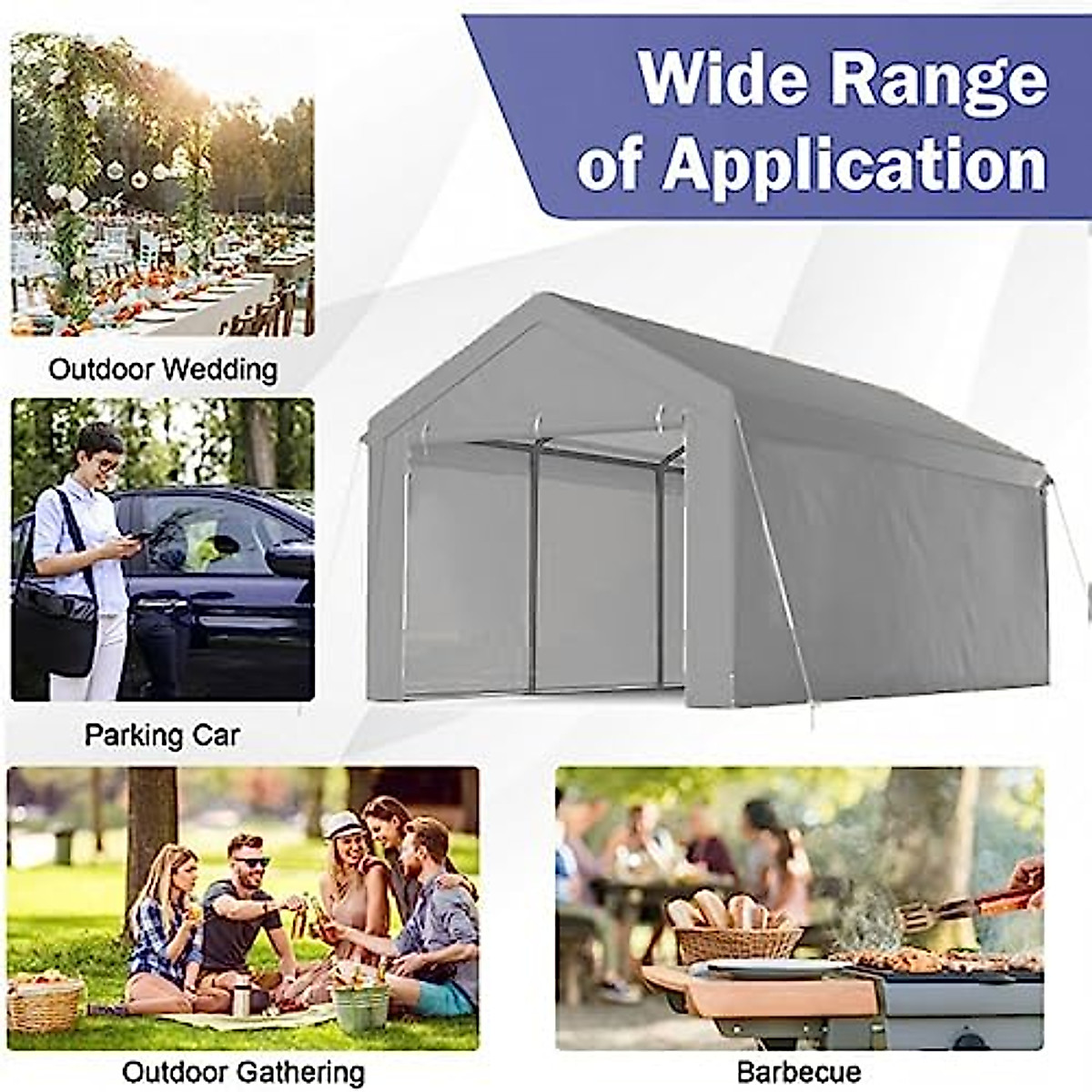 Carport 10'x20' Heavy Duty Canopy Steel,Portable Garage Party Tent,Portable Garage with Removable Sidewalls & Doors All-Season Tarp for Car,Truck,SUV,Party(Grey)