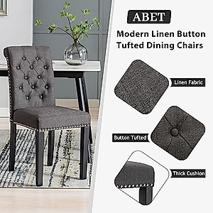 ABET Modern Dining Chairs Set of 2, Button Tufted Parsons Dining Chairs, Upholstered Fabric with Nailheads and Solid Wood Legs, Stylish Kitchen Chairs with Padded Seat, Dark Grey