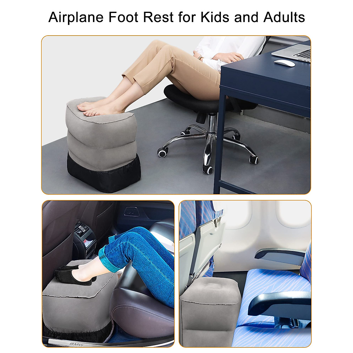 BLABOK Inflatable Foot Rest for Air Travel, Airplane Footrest Adjustable Height Travel Foot Pillow for Kids & Adults on Plane,Car,Train,Office (Grey)
