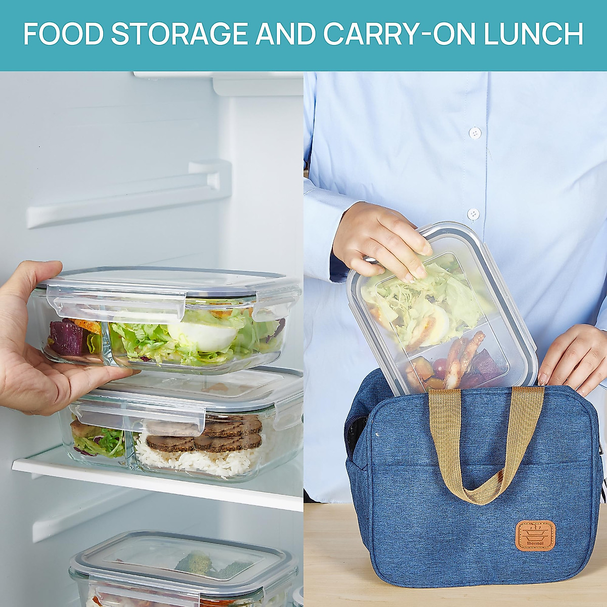 Vtopmart 5 Pack 33oz Glass Food Storage Containers with Lids, Meal Prep Containers 2 Compartments, Airtight Lunch Containers Bento Boxes with Snap Locking Lids for Microwave, Oven, Freezer