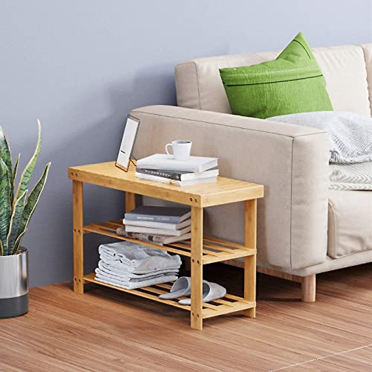 C&AHOME Shoe Rack Bench Bamboo, 3-Tier Shoe Organizer for Entryway, Shoe Storage Shelf Holds up to 240 LBS, Storage Benches Ideal for Bathroom Bench, Entryway, Hallway and Living Room, Natural