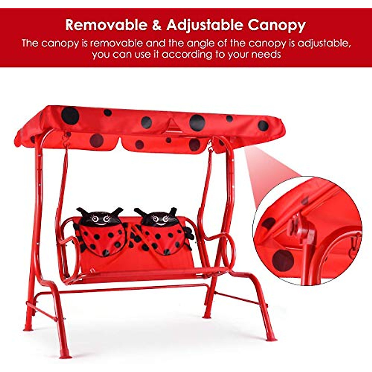 Casart Children's Swing, Patio Swing with Safety Belt and 2 Seats, Ladybug Pattern