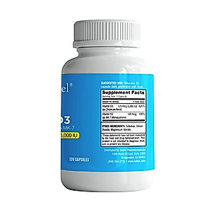 Safrel Vitamin K2 (MK7) 120 MCG and D3 5000 IU Supplement per Capsule, Supports Calcium Absorption for Bone, Immune and Heart Health, Easy to Swallow K2 and D3, Non-GMO, 120 Count