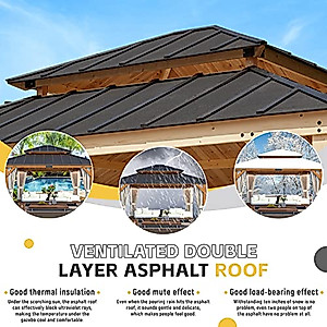 YOLENY 13' x 15' Solid Spruce Wood Gazebo, Hardtop Gazebo with Coated Wood Frame, Waterproof Asphalt Double Roof, Nettings and Curtains for Lawns, Gardens, Decks, and Patios