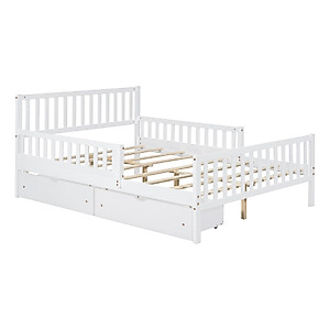 Full Bed Frame with Storage Drawers and Fence Rails, Wood Platform Beds with Headboard and Slat Support for Kids Boys Girls Teens, No Box Spring Needed, Full Size, White