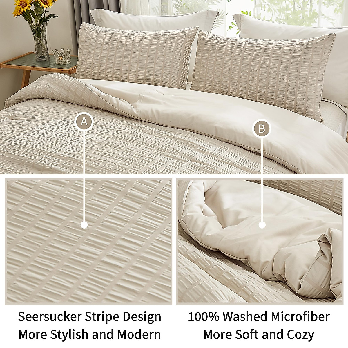 AveLom Beige Seersucker Twin Comforter Set (68x90 inches), 2 Pieces-100% Soft Washed Microfiber Lightweight Comforter with 2 Pillowcases, All Season Down Alternative Comforter Set for Bedding