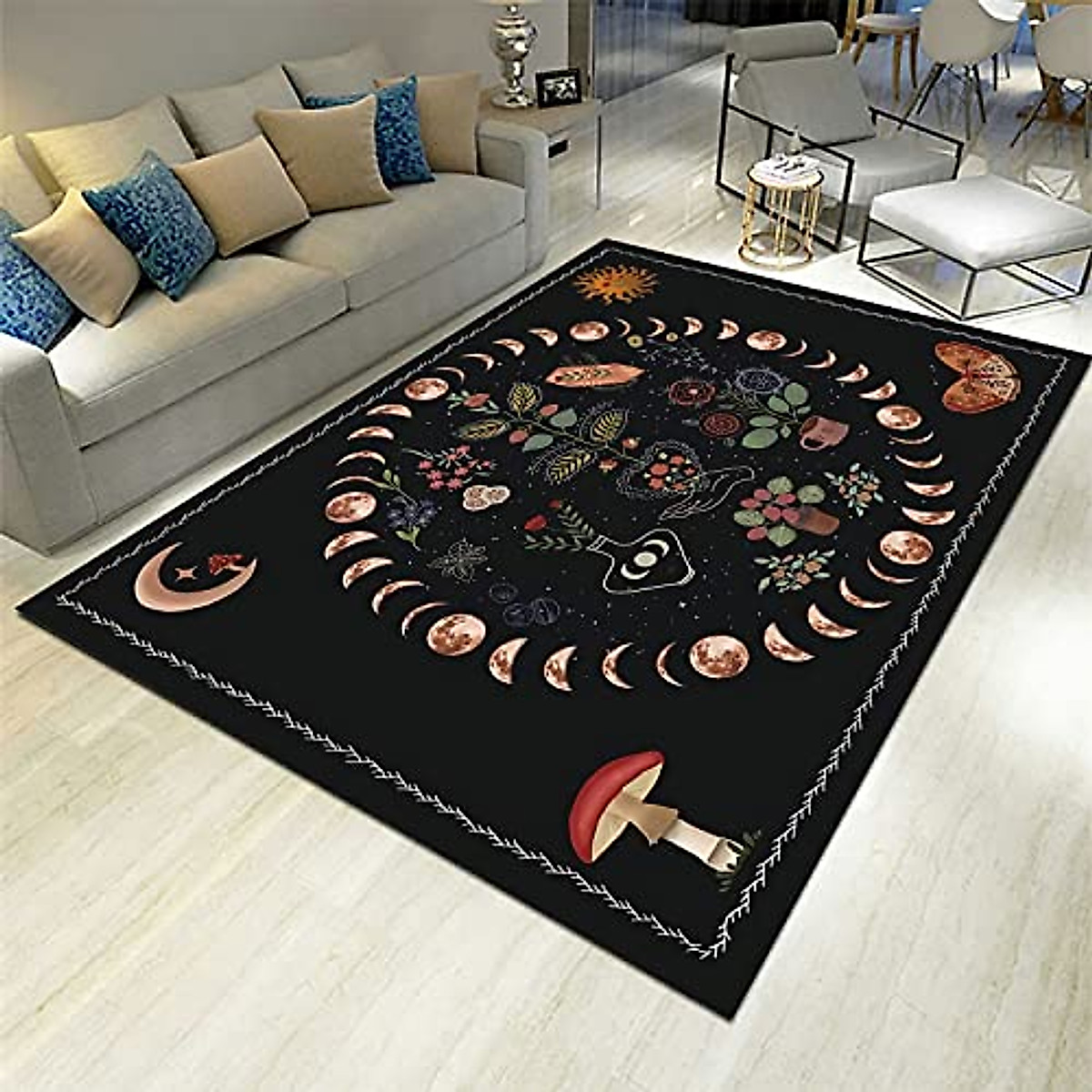 LGGQQW Black Starry Botanical Sun Moonlit Mushroom Area Rug Floral Hippie Moon Phase Carpet for Aesthetic Color 24inch x 36inch