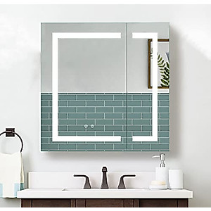 WELLFOR LED Mirrored Medicine Cabinet with Defog Mirror, Dimmer, Outlets & USB Ports, Wall Bathroom Medicine Cabinet, Bathroom Makeup Defog Mirror, Recessed or Surface, Double Opening Doors, 30" X 30"