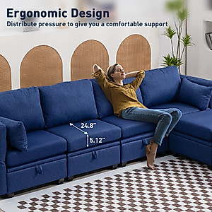 Rovibek 6 Seat Modular Sofa, L Shaped Sectional Couch with Storage for Living Room, Modern Fabric Settee Sleeper with Double Ottoman & Memory Foam, White
