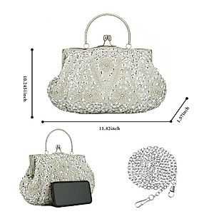 Women Vintage Beaded Evening Clutch Vintage Design Sequin Floral Top-handle Handbag Party Wedding Purse Wallet (Silver)