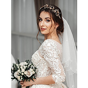 SWEETV Rose Gold Wedding Headband for Bride, Floral Bridal Headband Rhinestone Headpiece Wedding Hair Accessories