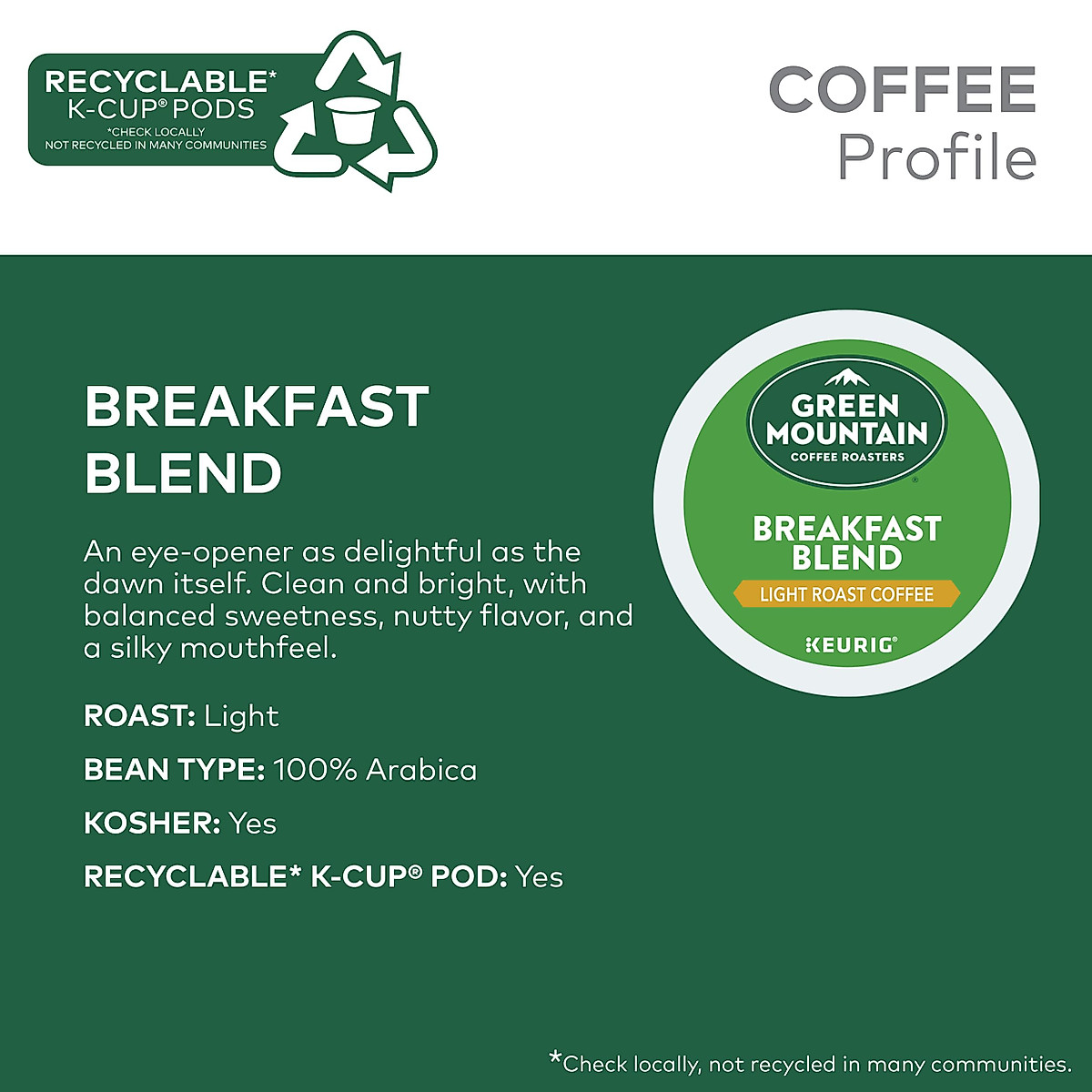 Green Mountain Coffee Roasters Breakfast Blend Single-Serve Keurig K-Cup Pods, Light Roast Coffee, 12 Count (Pack of 6), Total 72 Count