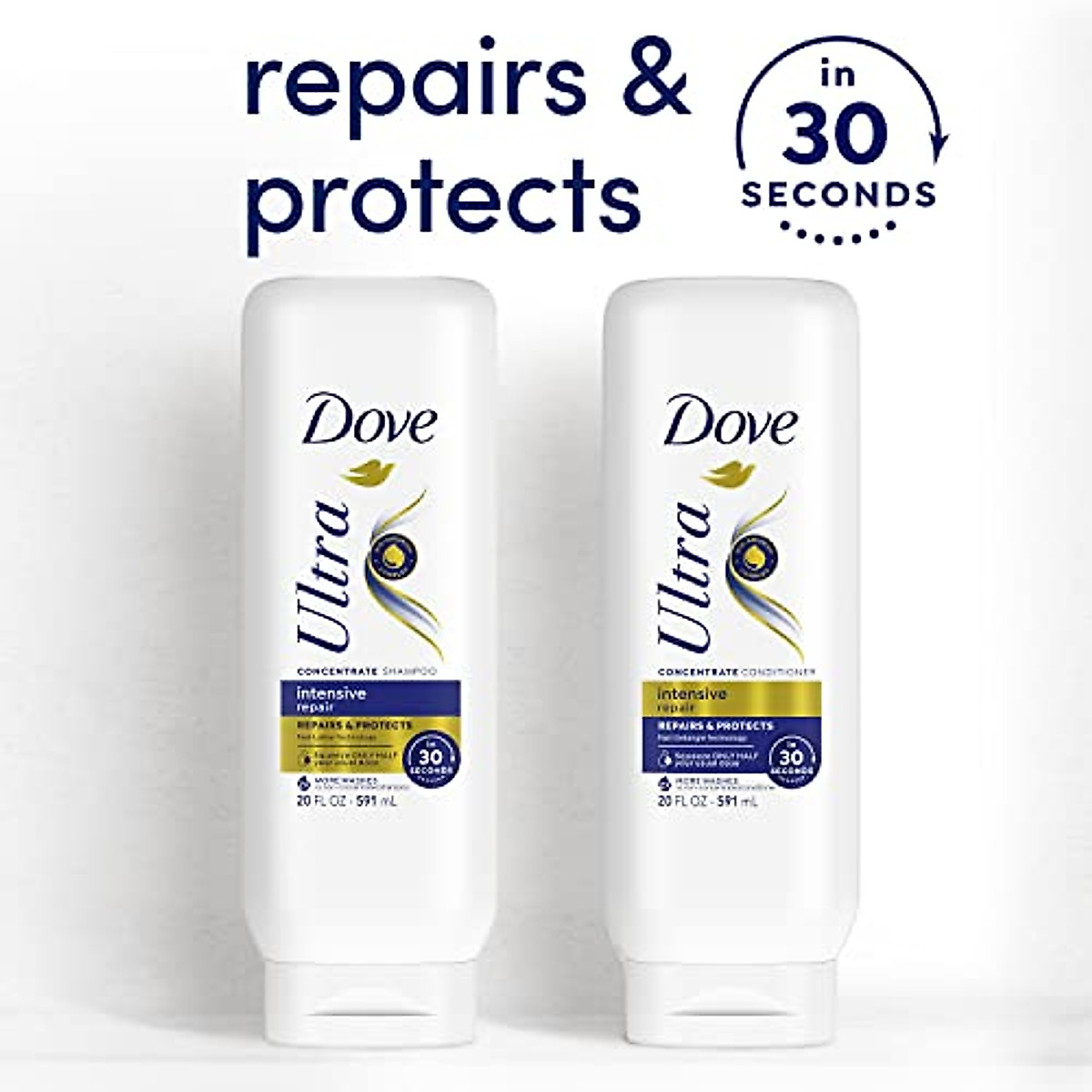 Dove Ultra Intensive Repair Concentrate Shampoo And Conditioner For Damaged Hair Repairs And Protects In 30 Seconds, 2X More Washes, Combo Pack, 20 fl oz (Pack of 2)