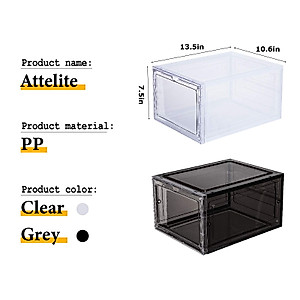 Attelite Drop Front Shoe Box,Set of 6,Stackable Plastic Shoe Box with Clear Door, As Shoe Storage Box and Clear Shoe Box,For Display Sneakers,Easy Assembly,Fit up to US Size 12(13.4”x 10.6”x 7.4”)