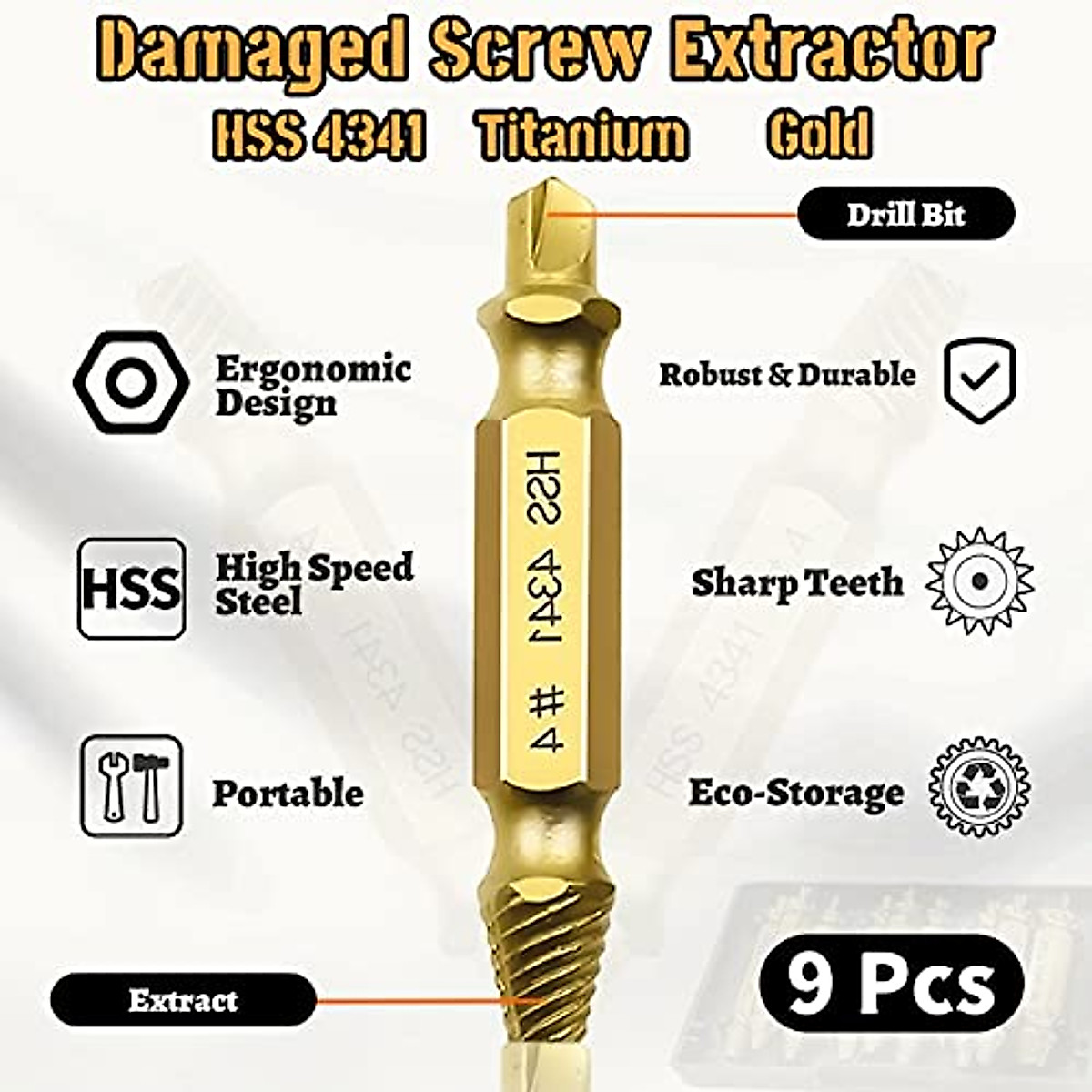 9 Pcs Damaged Screw Extractor Kit, Miuudby HSS 4341 Material Damaged & Stripped Screw Extractor Set For Easy Out And Speed Out Remover Common Size of Broken Tool And Titanium Extractor Drill Bit, Gold