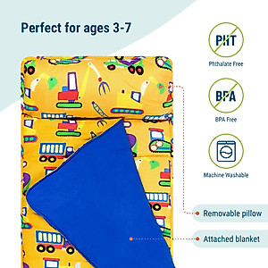 Wildkin Original Nap Mat with Reusable Pillow for Boys & Girls, Perfect for Elementary Daycare Sleepovers, Features Hook & Loop Fastener, Cotton Blend Materials Nap Mat for Kids (Under Construction)