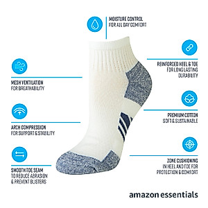 Amazon Essentials Women's Performance Cotton Cushioned Athletic Ankle Socks, 6 Pairs, Black, 6-9