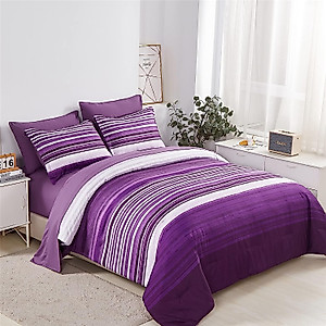 KAKIJUMN 5 Piece Bed in a Bag Stripe Comforter Set Twin Size, White and Purple Patchwork Striped Comforter and Sheet Set, All Season Soft Microfiber Complete Bedding Sets(Purple,Twin)