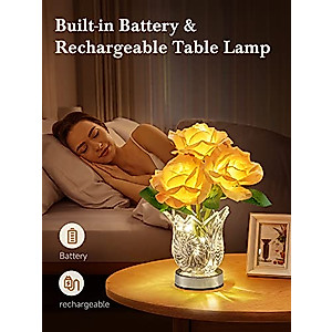 One Fire Flower Lamp Touch Lamp, Dimmable Table Lamp Rose Lamp, Rechargeable Cordless Lamp, Artificial Flower Lamp with Glass Vase, Small Lamp for Bedroom Bedroom Living Room, Birthday Gifts for Her