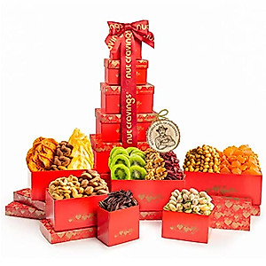 Dried Fruit & Mixed Nuts Gift Basket Red Tower + Heart Ribbon (12 Assortments) Purim Mishloach Manot Gourmet Food Bouquet Arrangement Platter, Birthday Care Package, Healthy Kosher Snack Box