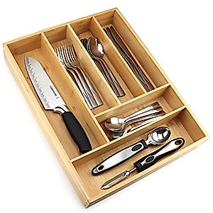 Pristine Bamboo silverware tray organizer– Flatware Utensil Cutlery Silverware Holder for Drawer – Small Extra-Deep Wooden Kitchen Drawer Organizer Divider for Spoons Forks Knives cutleries (6-Slots)