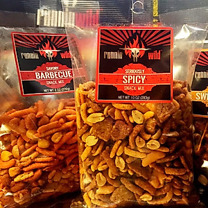 Spicy Snack Mix | Party Mix including hot Cajun corn sticks, roasted peanuts, and cheddar cheese sesame sticks | Runnin' Wild Foods, 1.5 Pounds Total (Box of 3 bags, 8oz each)