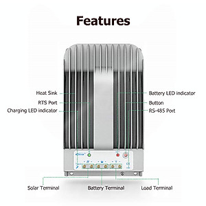 EPEVER 30A MPPT Solar Charge Controller 12/24VDC Automatically Identifying System Voltage with MT50 Remote Meter &Temperature Sensor RTS &Communication Cable RS485