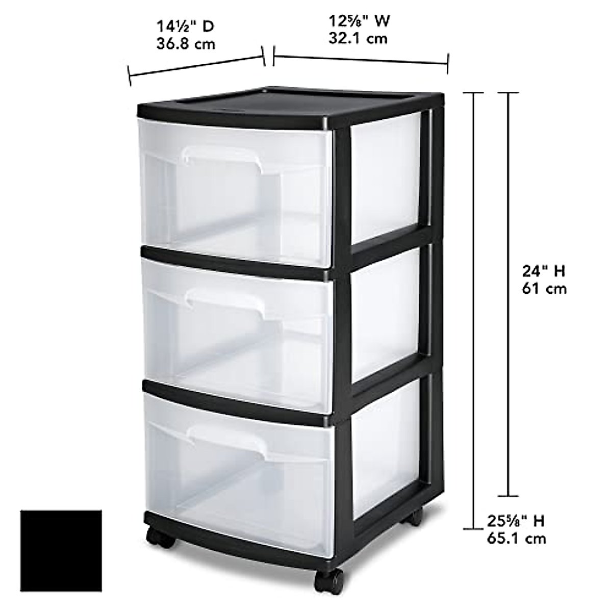 Generic Plastic Storage Drawer Cart, Medium Home Organization Storage Container with 3 Large Drawers w/Removeable Wheels, Black Frame with Clear Drawers and Black Casters, Set of 2 (Black)