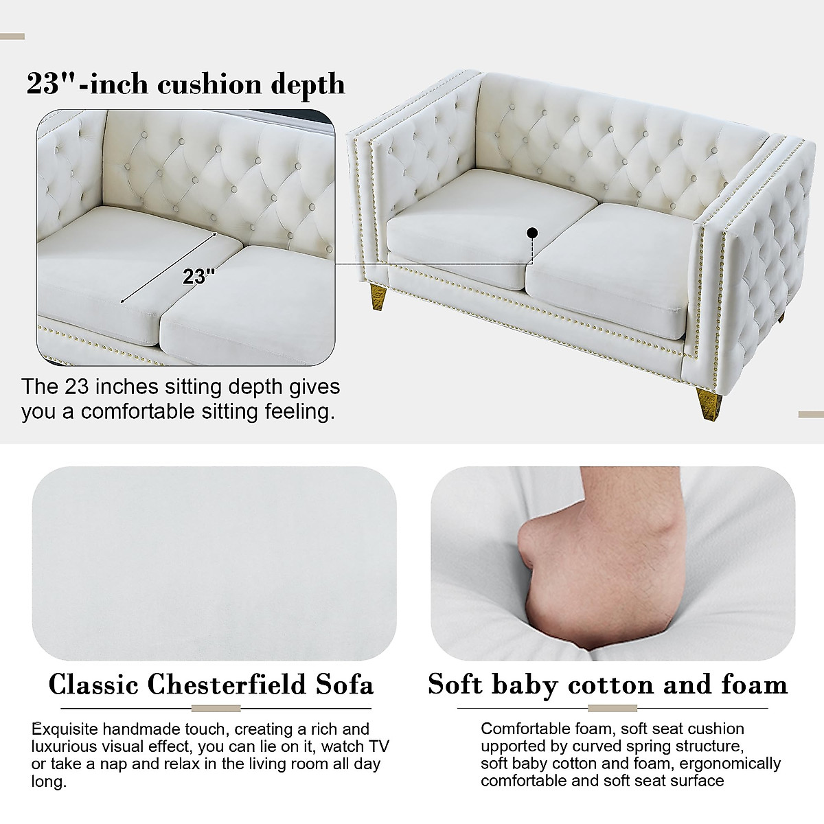 BUIORD Modern 81" 3-Seater Velvet Sofa,Buttons Tufted and Square Arm,Inlaid Gold Nail Heads and 4 Golden Metal Legs for Living Room (Beige, 81" 3-Seater Sofa)