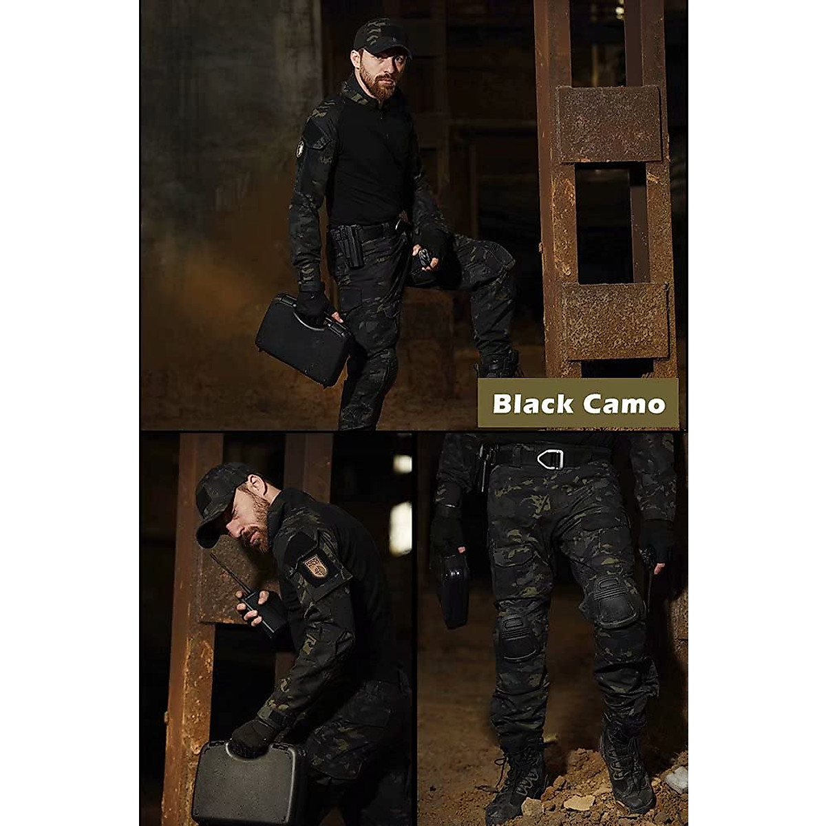 Lilychan Men's Military Uniform Airsoft Tactical Army Suits Combat Shirt Pants Paintball Gear with Knee Pads-Black Camo,L/34