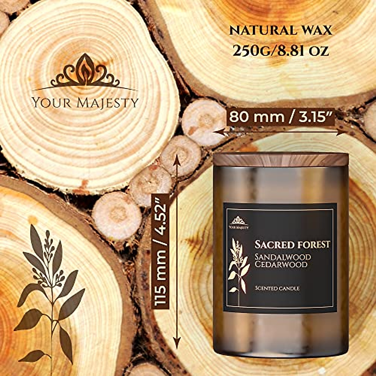 Sacred Forest Cedar & Sandalwood Candle [60H Burning Time] Natural Soy Candle Scented Infused with Essential Oils, Smokeless Aromatherapy Candle 8.81 Oz, Gift Packaging Included
