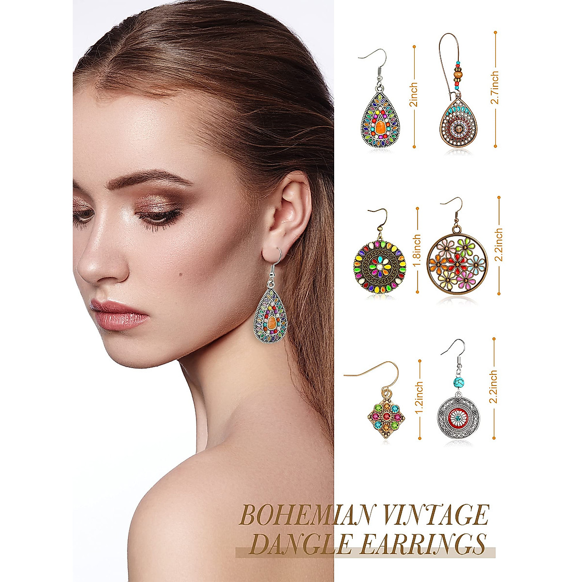 Hicarer 9 Pieces Bohemian Vintage Dangle Earrings Set Boho Retro Rhinestone Drop Earrings Multi-layer Beaded Leather Bracelet and Turquoise Bead Necklace Jewelry for Women