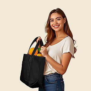 DALIX 20" Solid Color Cotton Canvas Shopping Tote Bag in Black-White