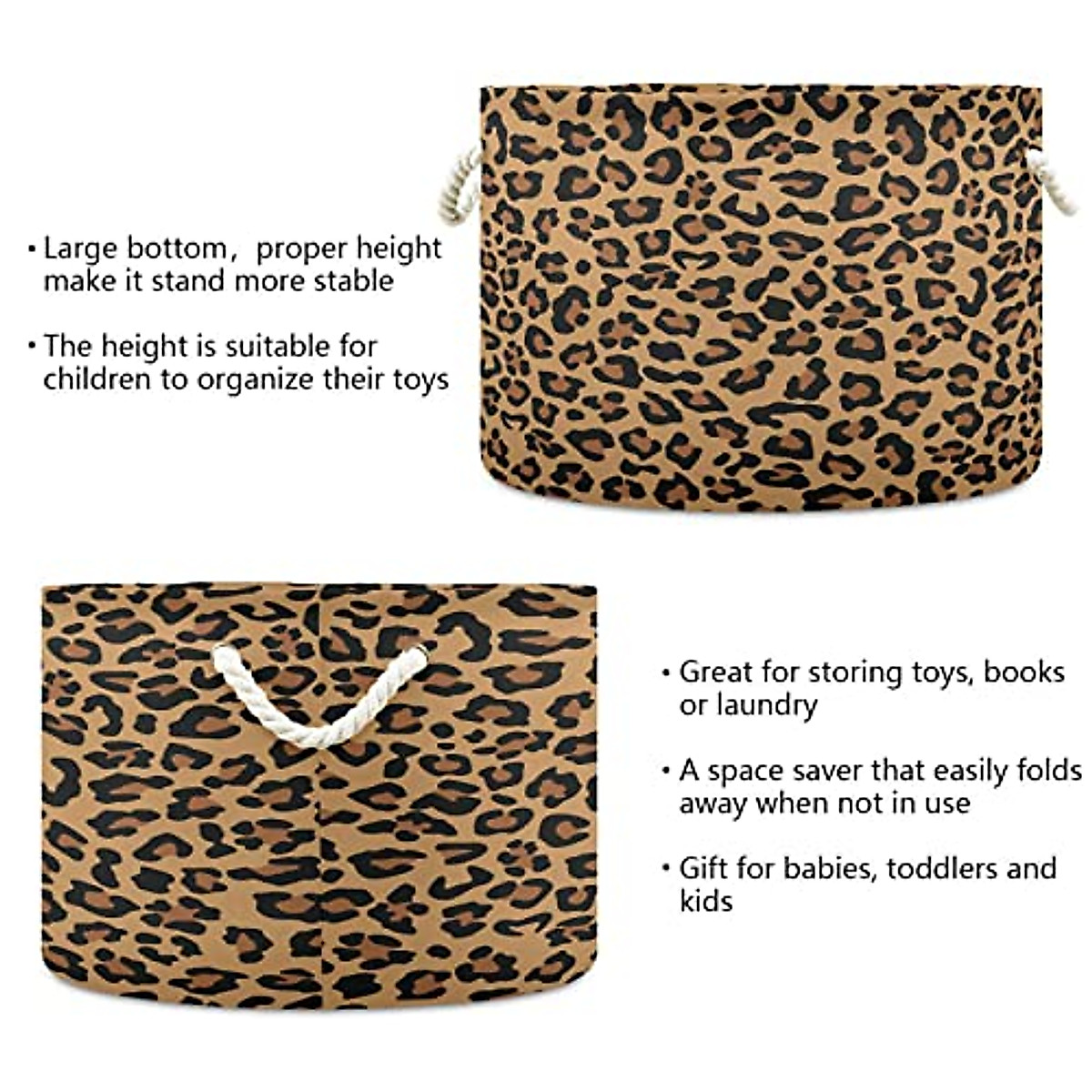 Kigai Leopard Animal Print Cotton Rope Basket Large Collapsible Baby Laundry Basket Blanket Basket Kid's Toy Storage Basket Organizer for Nursery Bedroom Home Decor