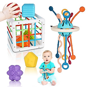 Baby Sensory Montessori Toys for 1 Year Old, 2 in 1 Silicone Pull String Toy, Toddler Travel Toys Sensory Toys for Toddlers 1-3, Baby Toys Fine Motor Skills Toys First Birthday Gift for Boys Girls