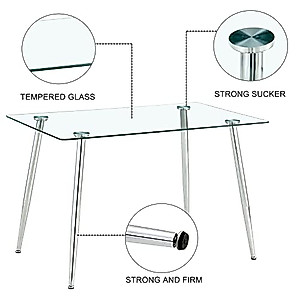 WIIS' IDEA 47" Glass Dining Table for 4-6, Rectangle Clear Table with Explosion-Proof Glass Tabletop and Plating Steel Legs,29" H Glass Tabletop for Kitchen, Dining Room,Office