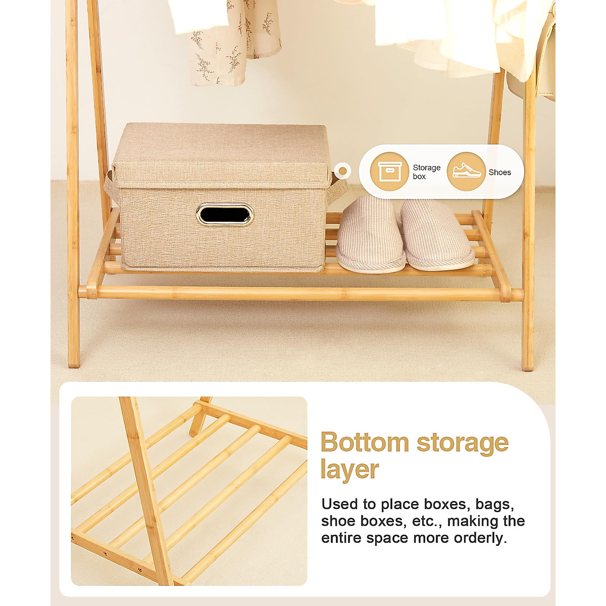 Cozivolife Bamboo Clothes Rack with Storage Shelf, Portable Garment Rack Clothing Racks for Hanging Clothes, Foldable Wardrobe Storage Rack for Entryway and Bed Room (Natural)